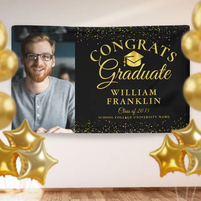 Black And Gold Glitter Modern Photo Graduation Banner | Zazzle