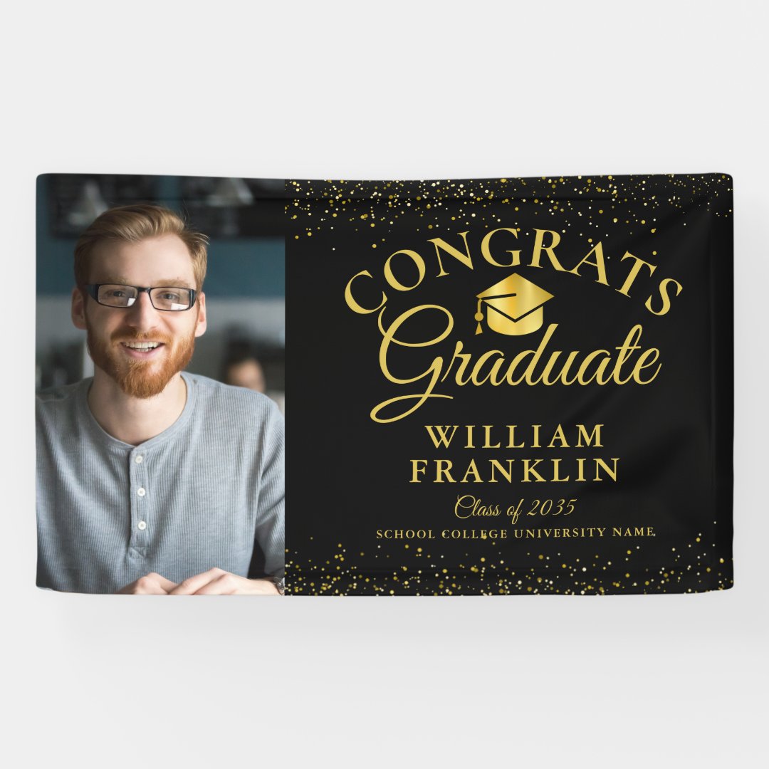 Black And Gold Glitter Modern Photo Graduation Banner | Zazzle