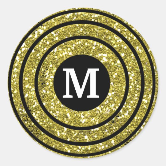 Black And Gold Glitter Monogram Classic Round Sticker | Zazzle.com