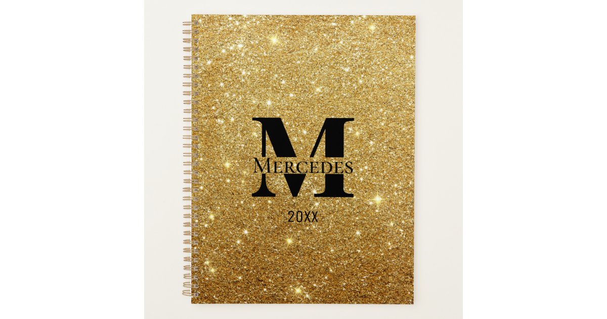 Black and Gold Glitter Personalized Monogram Daily Planner | Zazzle