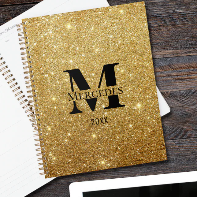 Black and Gold Glitter Personalized Monogram Daily Planner | Zazzle