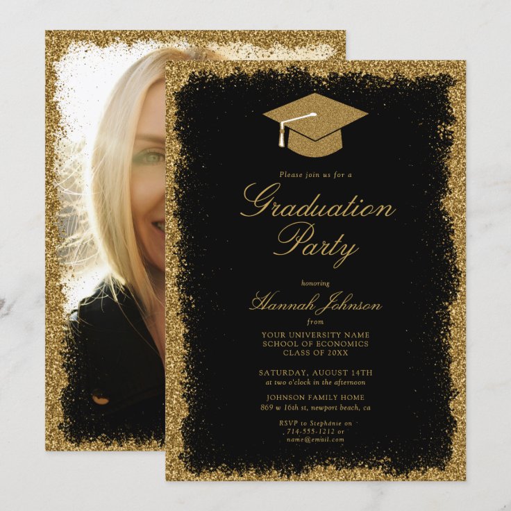 Black and Gold Glitter Photo Graduation Party Invitation | Zazzle
