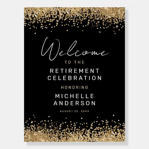Black and Gold Glitter Retirement Party Sign | Zazzle