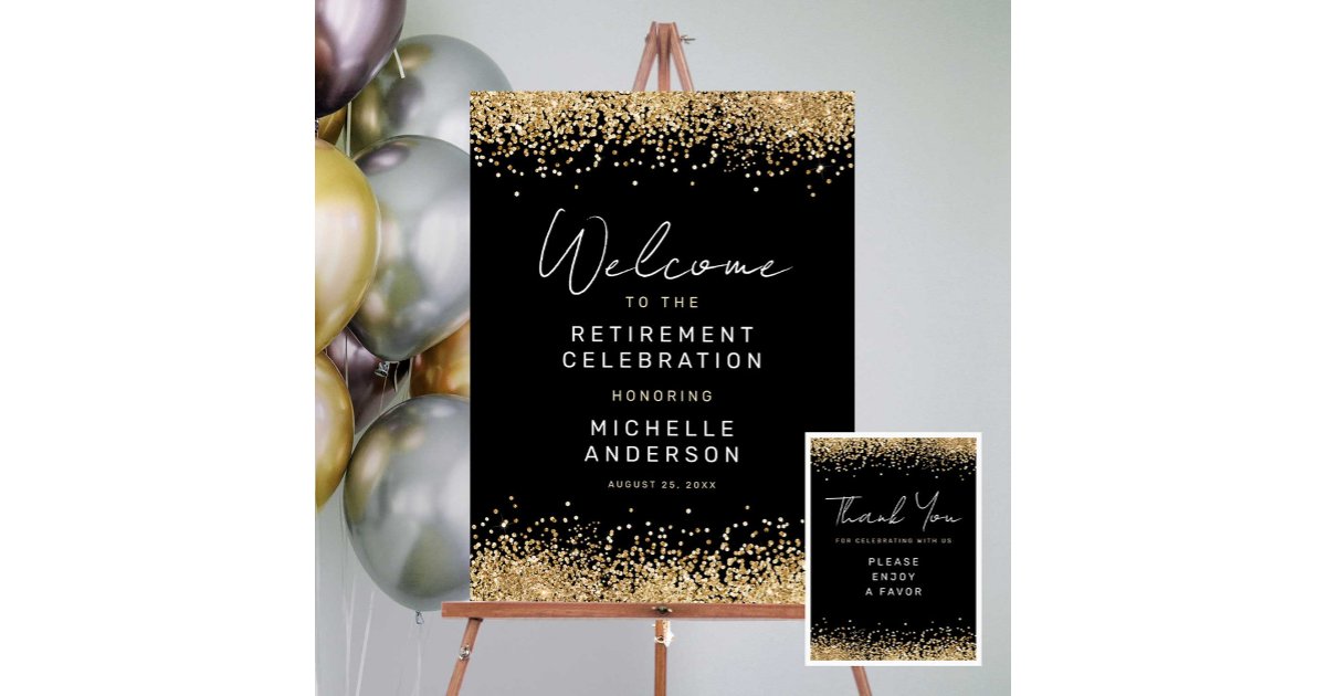 Black and Gold Glitter Retirement Party Sign | Zazzle
