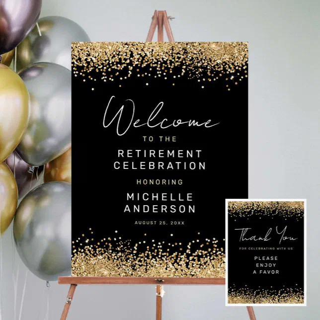 Black and Gold Glitter Retirement Party Sign | Zazzle