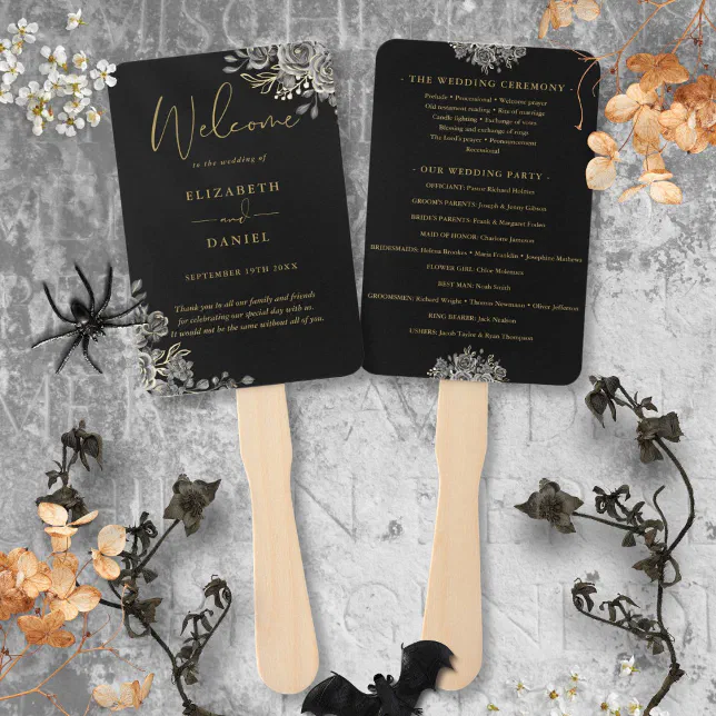 Black And Gold Gothic Floral Wedding Program Hand Fan | Zazzle