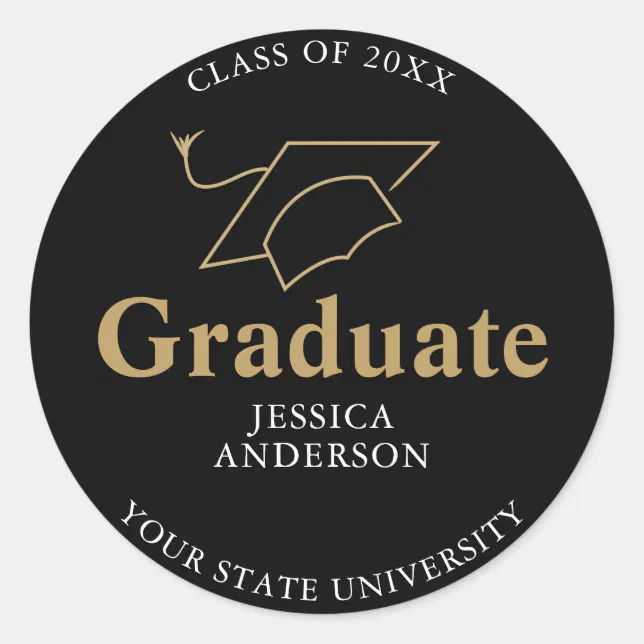 Black and Gold Graduate Cap Graduation Classic Round Sticker | Zazzle