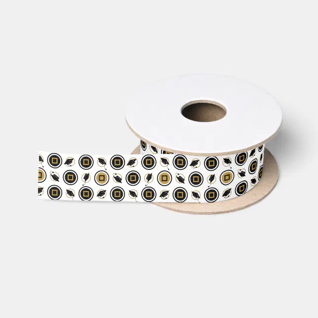 Black and Gold Graduation Cap Pattern Satin Ribbon | Zazzle