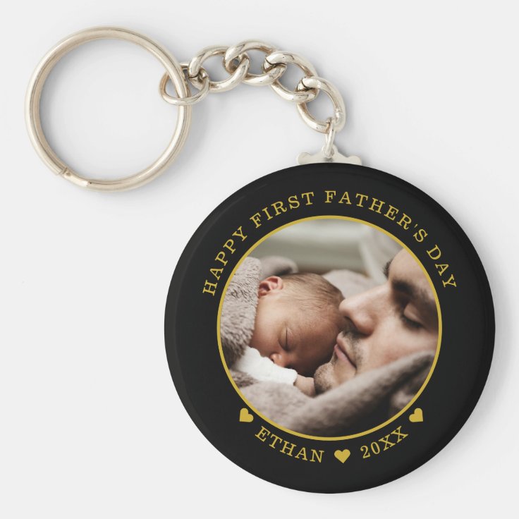 Black And Gold Happy First Father's Day Photo Keychain | Zazzle