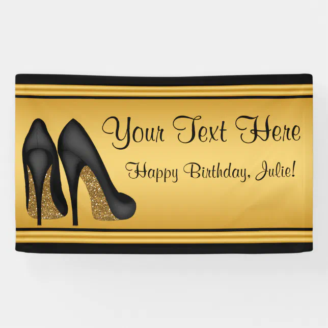 Black and Gold High Heel Shoe Birthday Party Banner | Zazzle