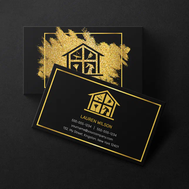 Black and Gold House Cleaning Glitter Sparkle Business Card | Zazzle