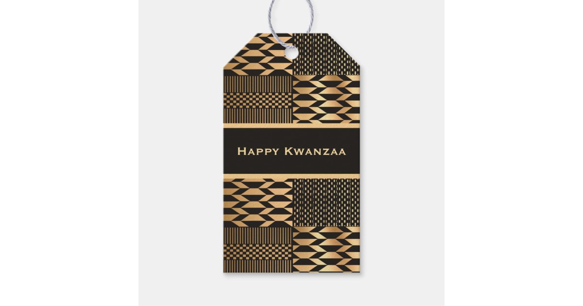 Black and Gold Kente 'Happy Kwanzaa' Gift Tags | Zazzle