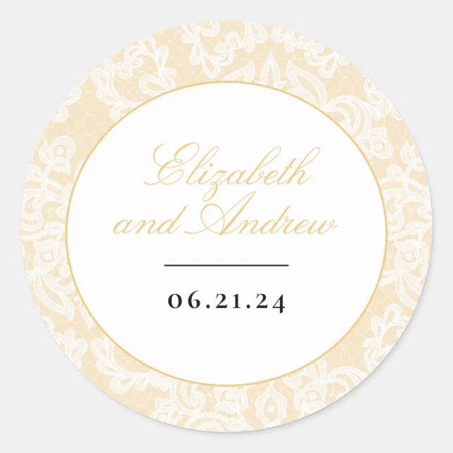 Black and Gold Lace Elegant Script Wedding Classic Round Sticker | Zazzle