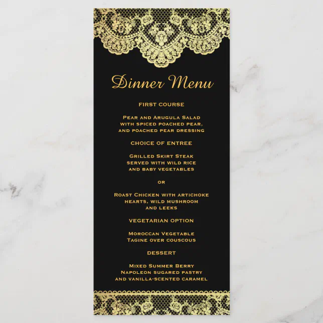 Black and Gold Lace Slim Dinner Menu | Zazzle