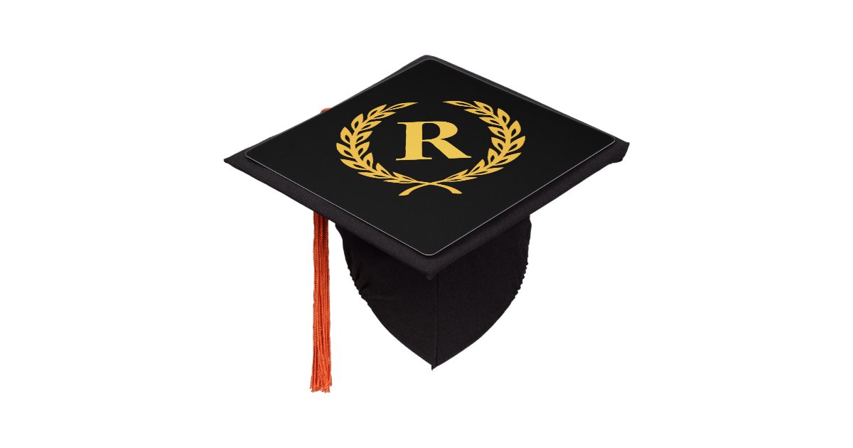 Black and Gold Laurel Wreath Monogram Graduation Cap Topper | Zazzle