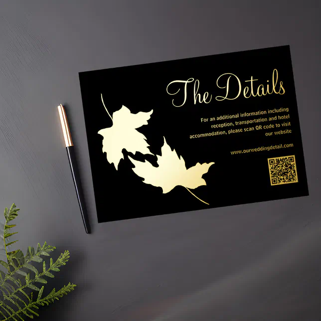 Black and Gold Leaves Fall QR code Details card | Zazzle