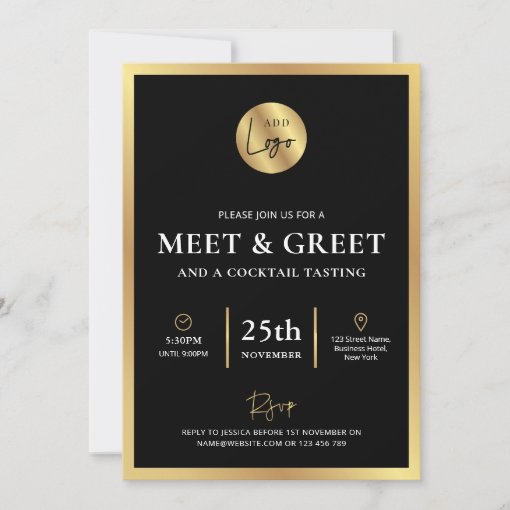 Black and Gold Logo Business Meet & Greet Event Invitation | Zazzle