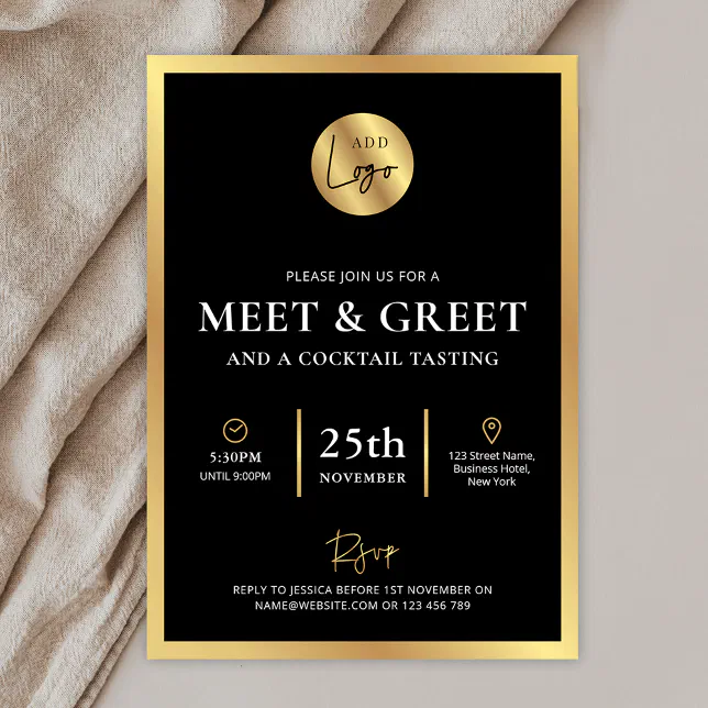 Black and Gold Logo Business Meet & Greet Event Invitation | Zazzle