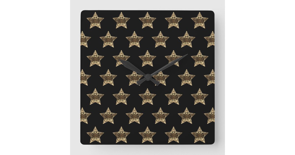 Black and Gold Look Stars Pattern Elegant Square Wall Clock | Zazzle