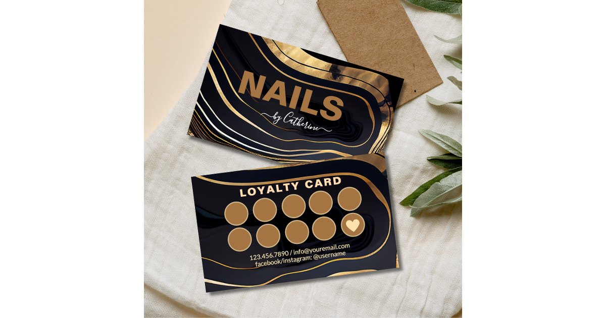 Black and Gold Marble nail salon Manicurist Loyalty Card | Zazzle