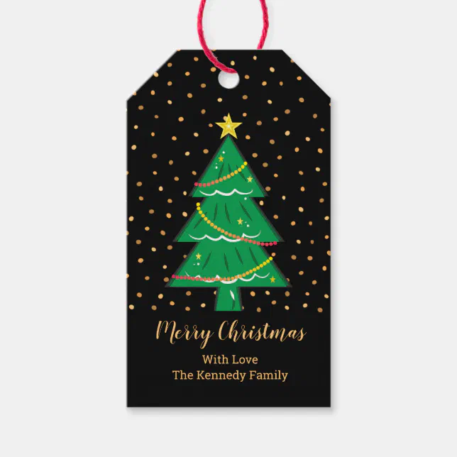 Black And Gold Merry Christmas Tree Gift Tags | Zazzle