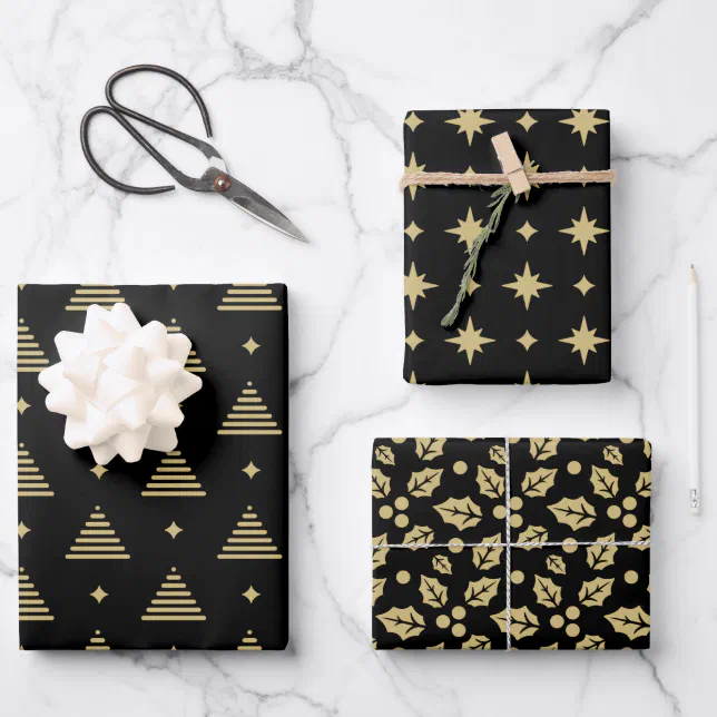 Black and Gold Modern Christmas Pattern Wrapping Paper Sheets | Zazzle
