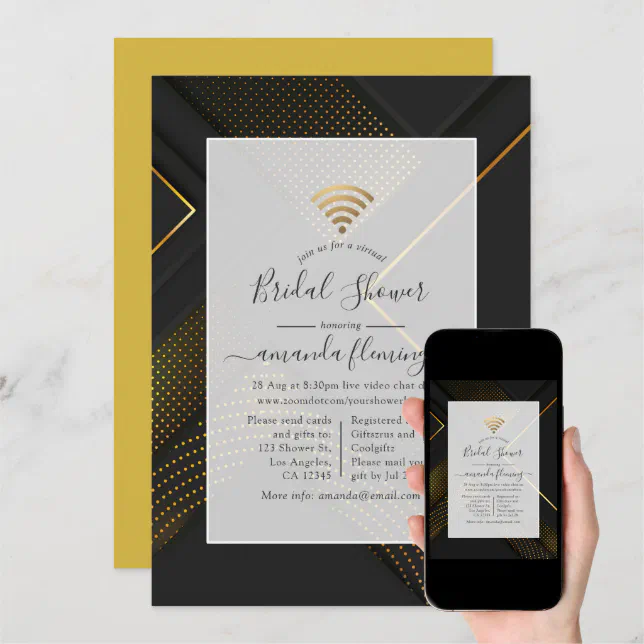 Black and Gold Modern Geometric Virtual Shower Invitation | Zazzle