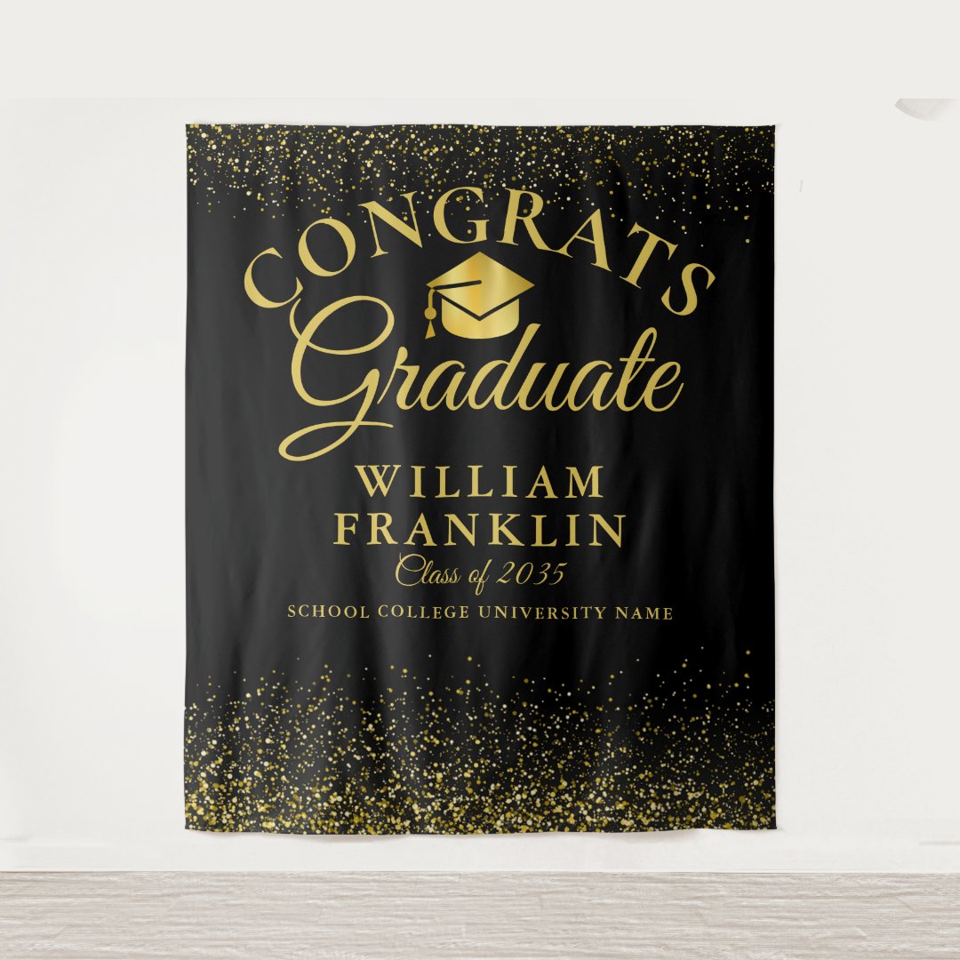 Black And Gold Modern Graduation Photo Backdrop | Zazzle