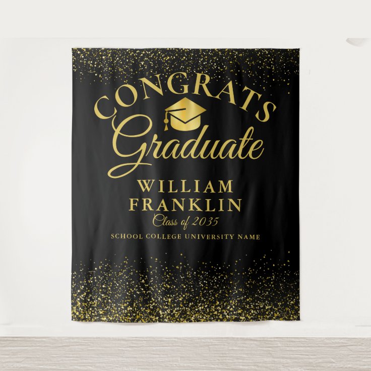 Black And Gold Modern Graduation Photo Backdrop | Zazzle