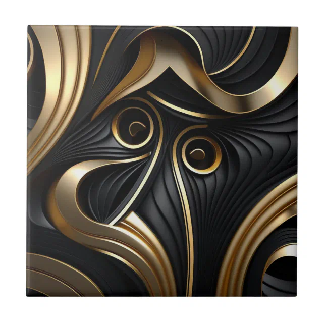 Black and gold modern pattern ceramic tile | Zazzle