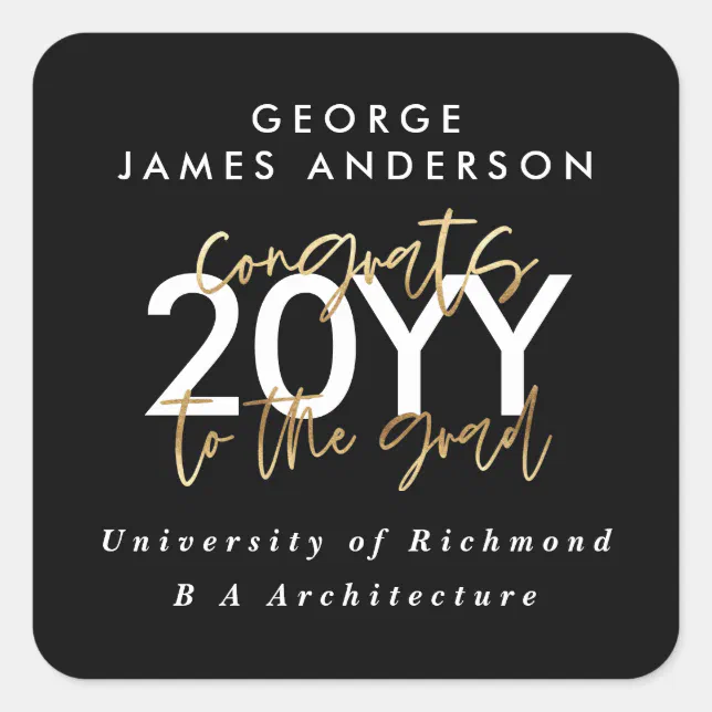 Black and gold modern script stylish graduation square sticker | Zazzle