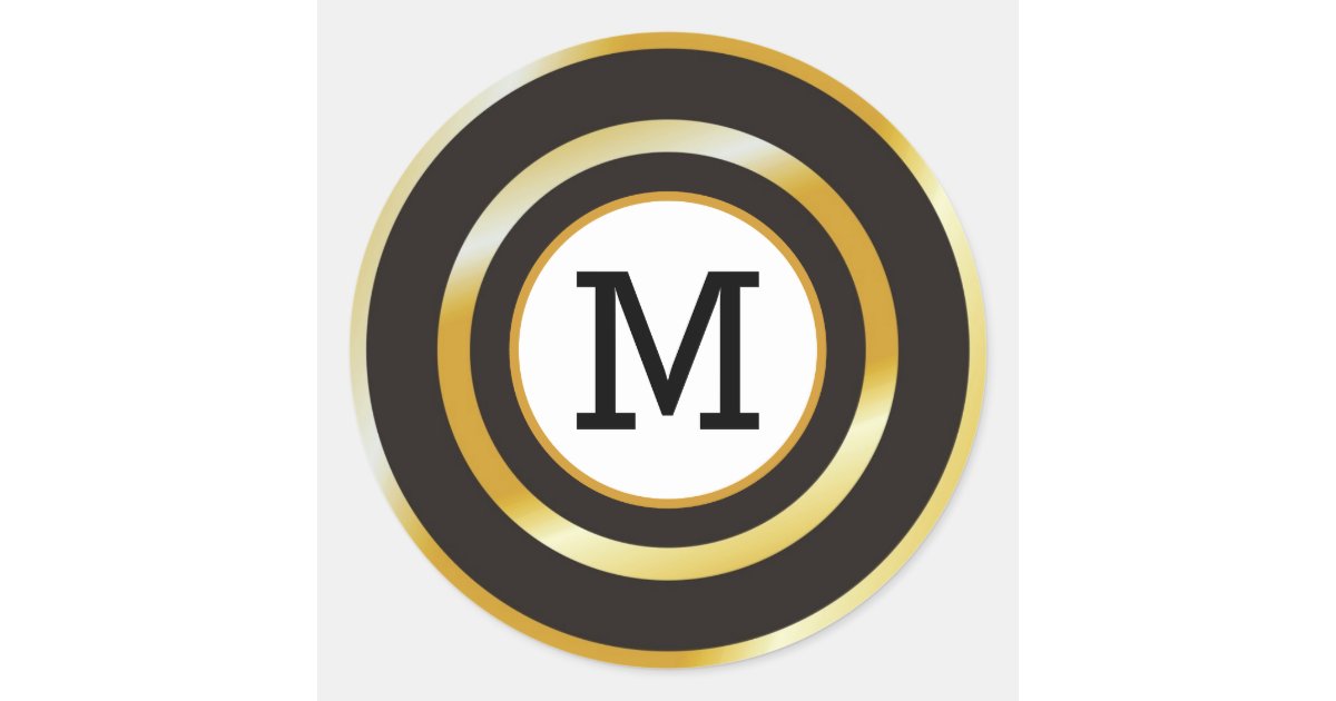 Black And Gold Monogram initial Classic Round Sticker | Zazzle