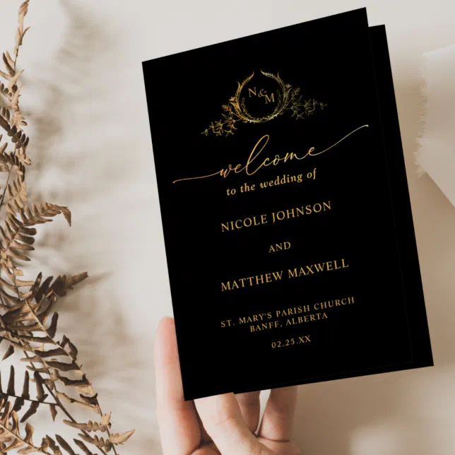 Black and Gold Monogram Wedding Folded Program | Zazzle