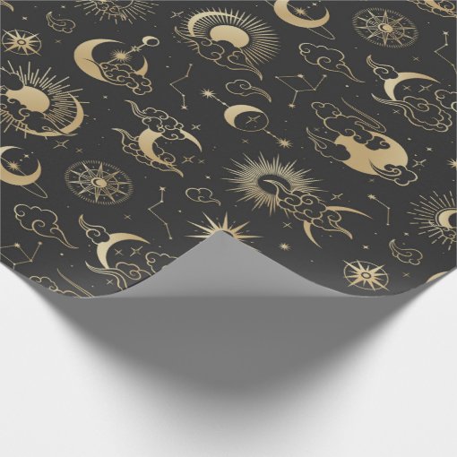 Black and Gold Moon Star Sun Astrology Art Wrapping Paper | Zazzle