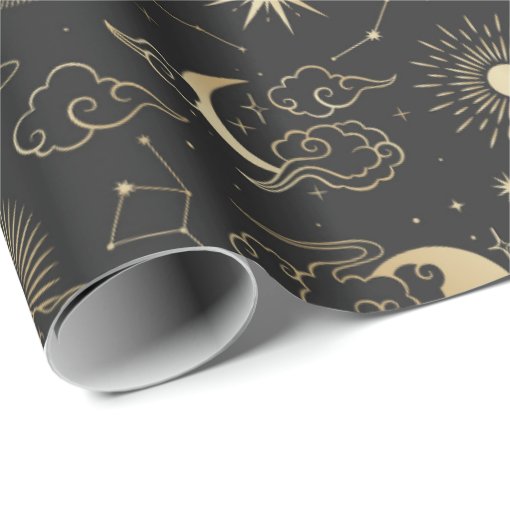Black and Gold Moon Star Sun Astrology Art Wrapping Paper | Zazzle