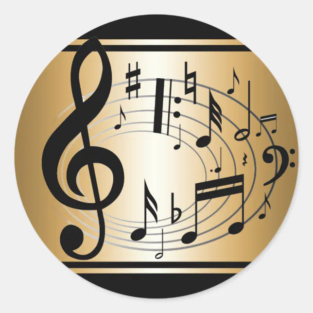 Black and Gold musical notes background Classic Round Sticker | Zazzle