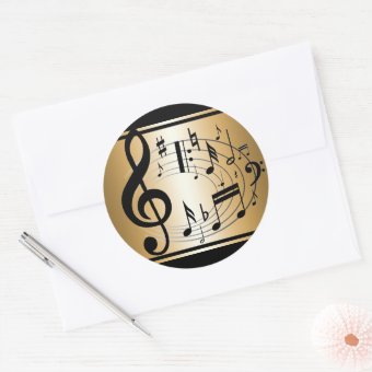 Black and Gold musical notes background Classic Round Sticker | Zazzle