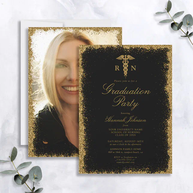 Black and Gold Nursing School Photo Graduation Invitation | Zazzle