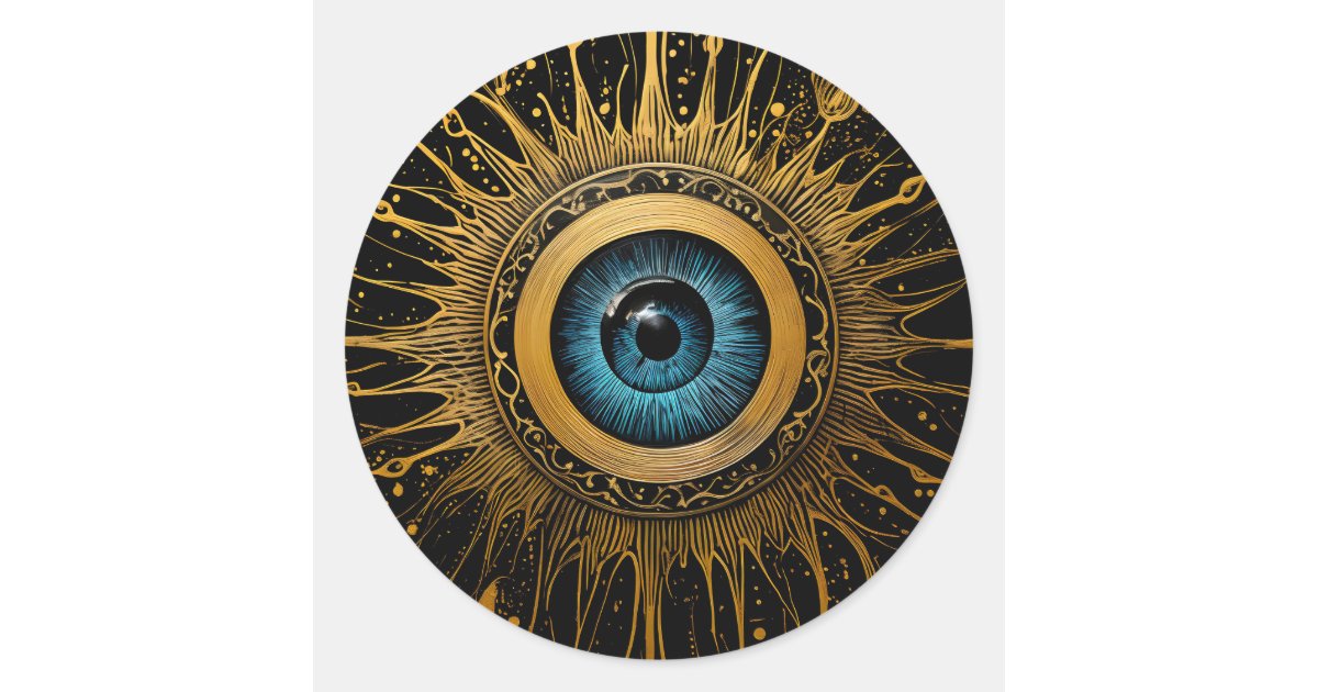 Black and Gold Occult Blue Evil Eye Starburst Classic Round Sticker ...