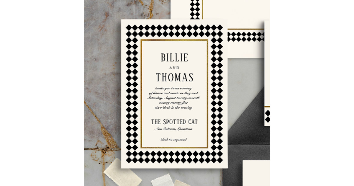 Black and Gold on Ivory Checkerboard Border Jazz Invitation | Zazzle
