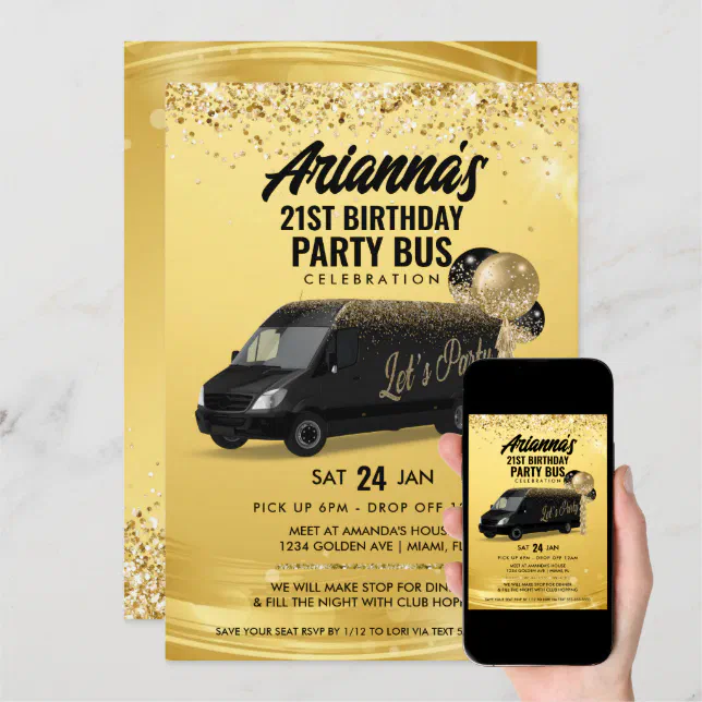 Black and Gold Party Bus Invitation | Zazzle