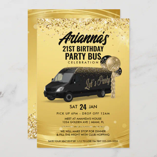 Black and Gold Party Bus Invitation | Zazzle