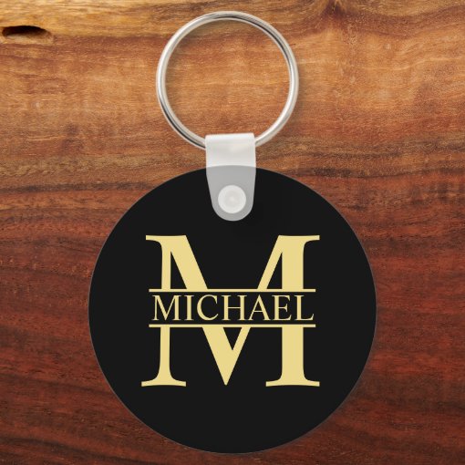 Black and Gold Personalized Monogram and Name Keychain | Zazzle