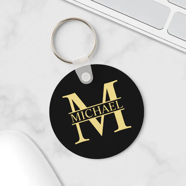 Black and Gold Personalized Monogram and Name Keychain | Zazzle