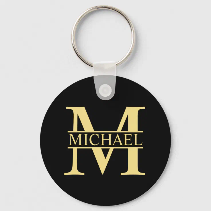 Black and Gold Personalized Monogram and Name Keychain | Zazzle