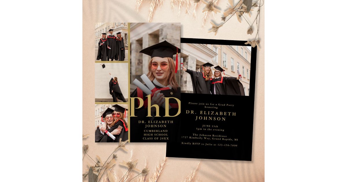 Black And Gold Photo Collage PhD Graduation Party Invitation | Zazzle