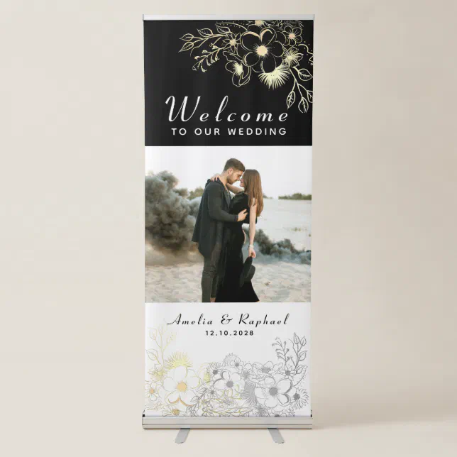 Black and Gold Photo Wedding Welcome Retractable Banner | Zazzle