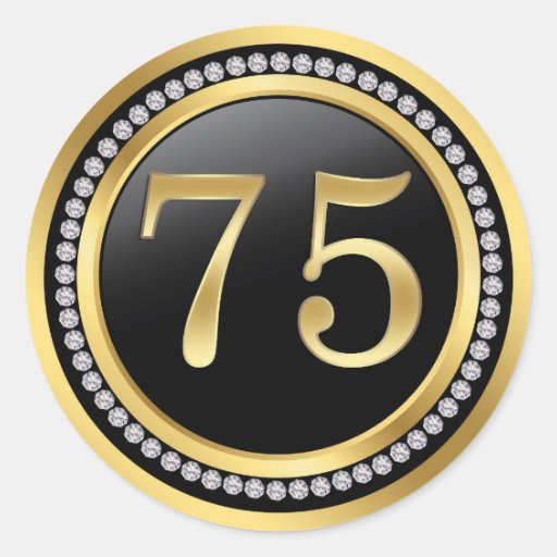 Black and gold, printed diamonds 75th Birthday Classic Round Sticker ...