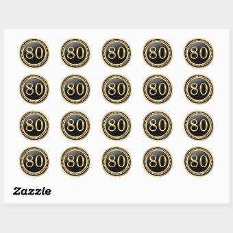 Black and gold, printed diamonds 80th Birthday Classic Round Sticker ...
