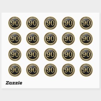 Black and gold, printed diamonds 90th Birthday Classic Round Sticker ...